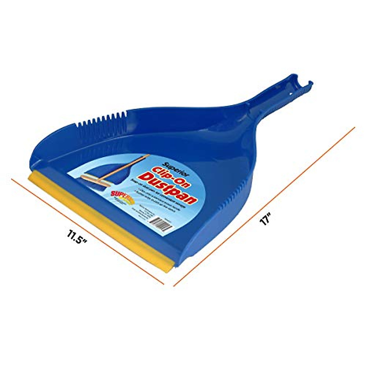 Superio Clip-On Dustpan - Heavy Duty Blue Plastic, Easy Grip Clip On Dust Pan with Rubber Edge, Detailed Sweeping Debris, Fits Standard Brooms Home & Commercial Dusting & Cleaning Tool (1)