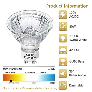 GU10 Halogen Bulb 35W Halogen Bulb 6 Packs, 120v Dimmable, 2700k Warm White Light, GU10+C MR16 Halogen Bulb, with Glass Cover, Long Service Life, Used for Track and Embedded Lighting, Range Hood