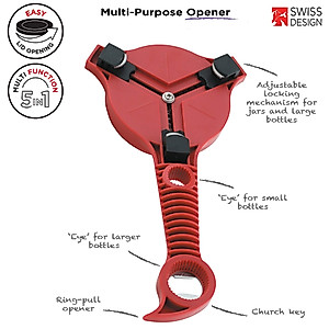Kuhn Rikon 5-in-1 Multi-Purpose Strain-Free Opener for Jars, Bottles and Ring-Pull Cans, 5 x 10 x 2.25 inches, Red