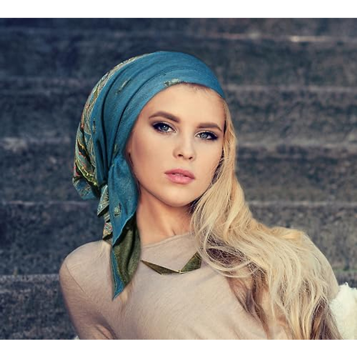 Teal Cashmere Headscarf Turquoise Headwear for Women Tichel Super Soft Headcovering Head cover Head wear Pre tied Bandana Ethnic Print Collection (Teal short - 290)
