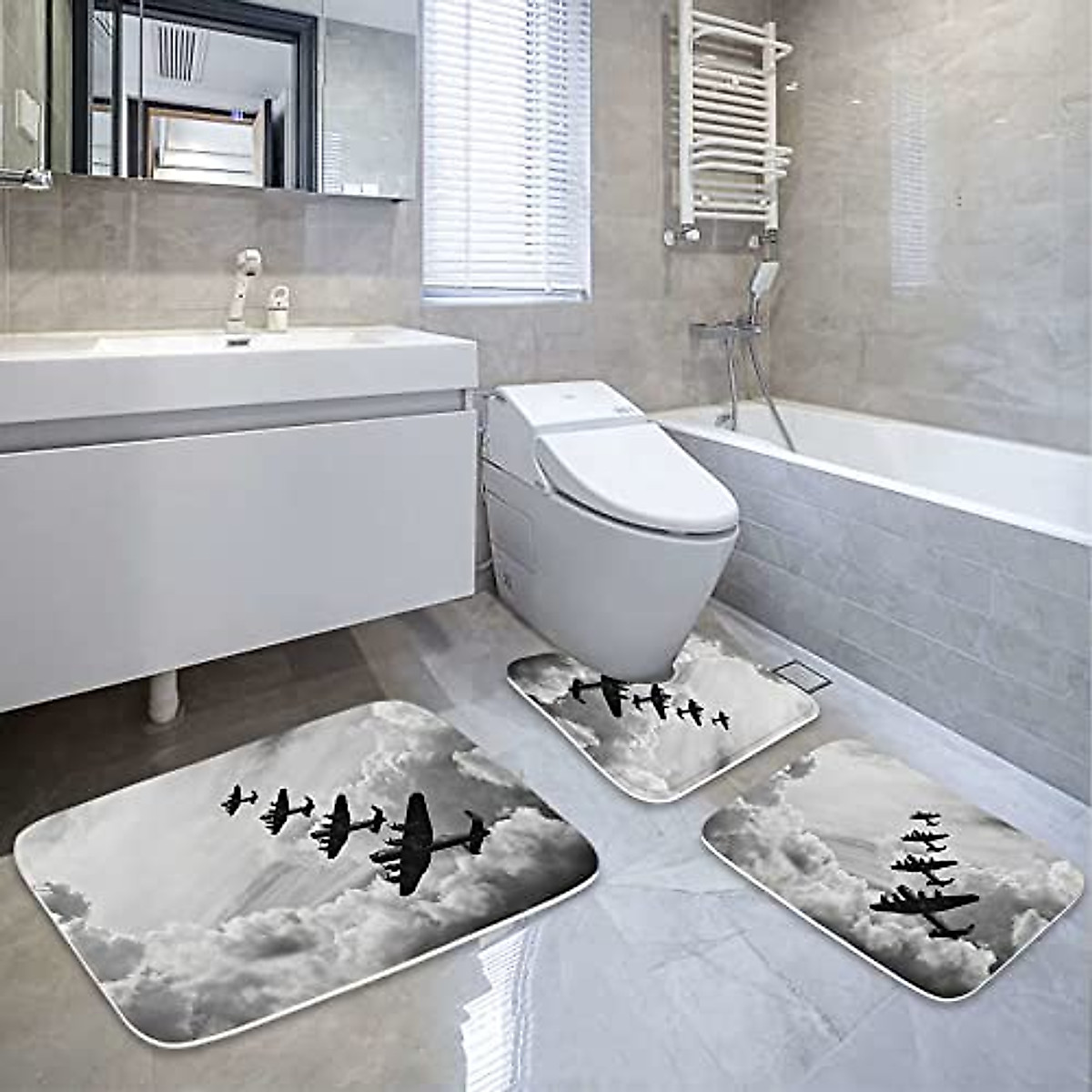 TheBlackSpot World War 2 WW2 in Color Warplane Bathroom Rugs 20 x 31 Grey Men Boys Bath Mat 16 x 24 Sets 3 Piece Memory Foam Anti Slip Absorbent Mats U-Shaped Contour Shower Mat