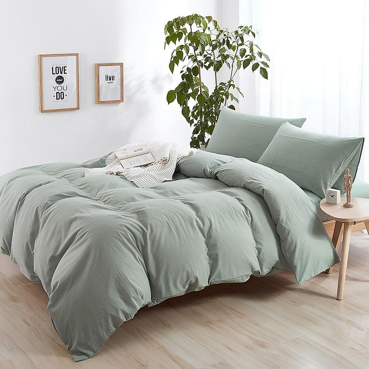 INDACORIFY Sage Green Cotton Duvet Cover Washed 100% Cotton Bedding Donna Cover Queen Twin King Euro and Custom Size Duvet Cover 3 Paece Beding Set (Twin 68X90)