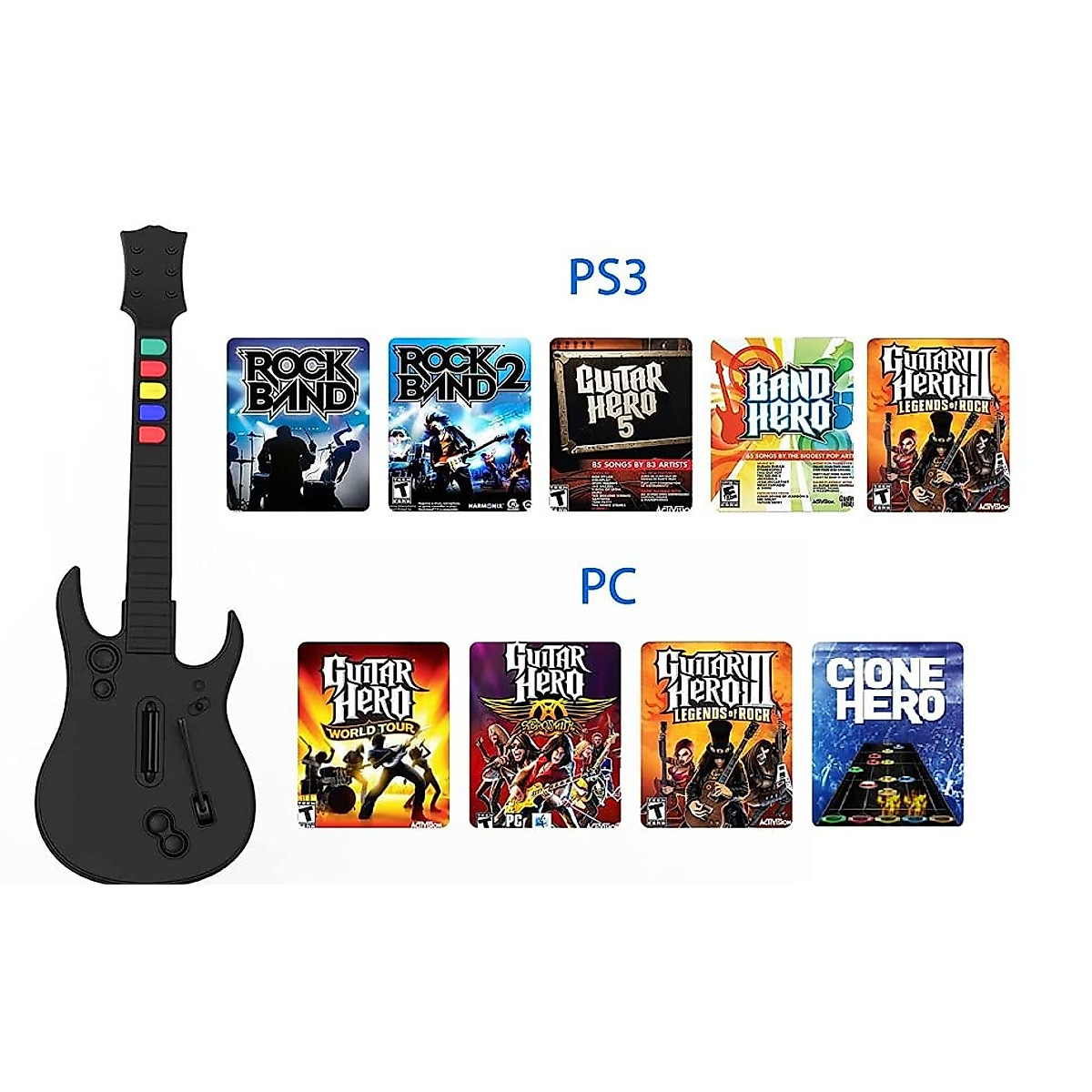 Game*Goby Guitar Hero Controller for PC and PS3 - Wireless Guitar for Guitar Hero, Rock Band & Clone Hero Games, Guitar Hero Guitar with Strap & Wireless Dongle (5 Keys) (Black LP)