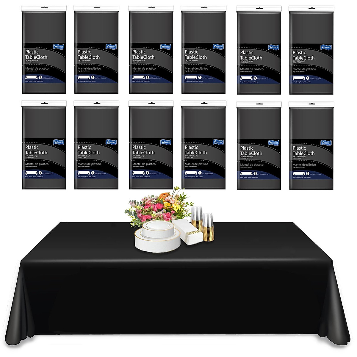 Vrisssot 12-Pack Black Plastic Tablecloth-54 x 108 in.Plastic Tablecloths for Rectangle Tables,Disposable Table Cloths for Parties,Banquet,Birthdays, Weddings.