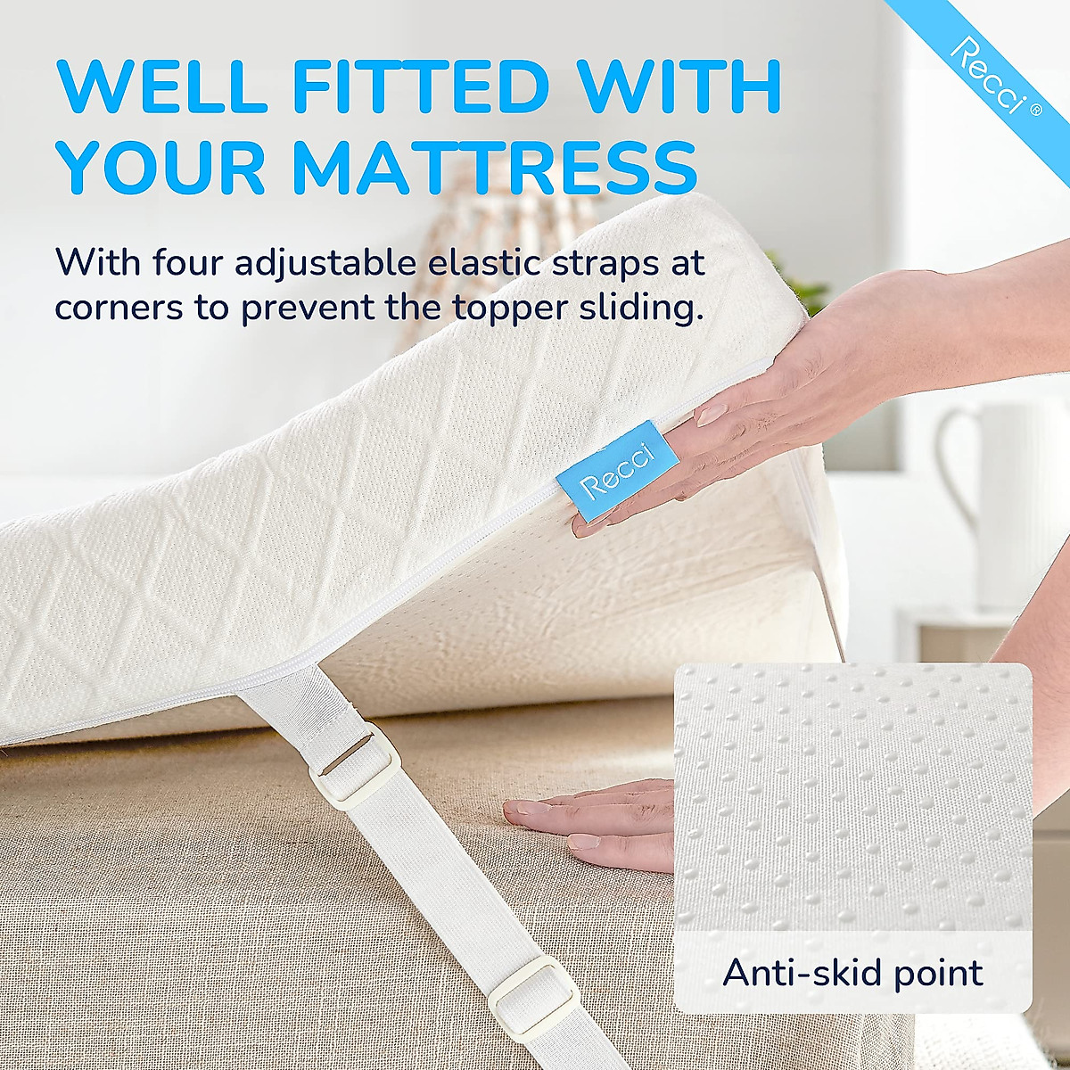 RECCI 3 Inch Full Mattress Topper - Pressure-Relieving, CertiPUR-US Certified, Removable & Washable Cover, Durable & Multi-Use