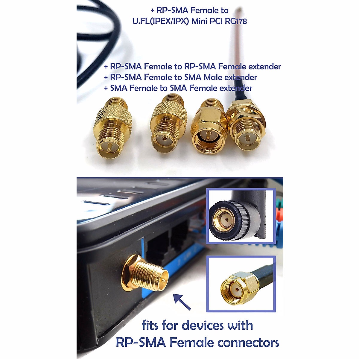 Universal Kit Dual Band Wi-Fi 9dbi Extension Long Range Omni Directional 2.4/5Ghz Antenna RP-SMA Male Connector on Magnet Base with Connectors and Extenders