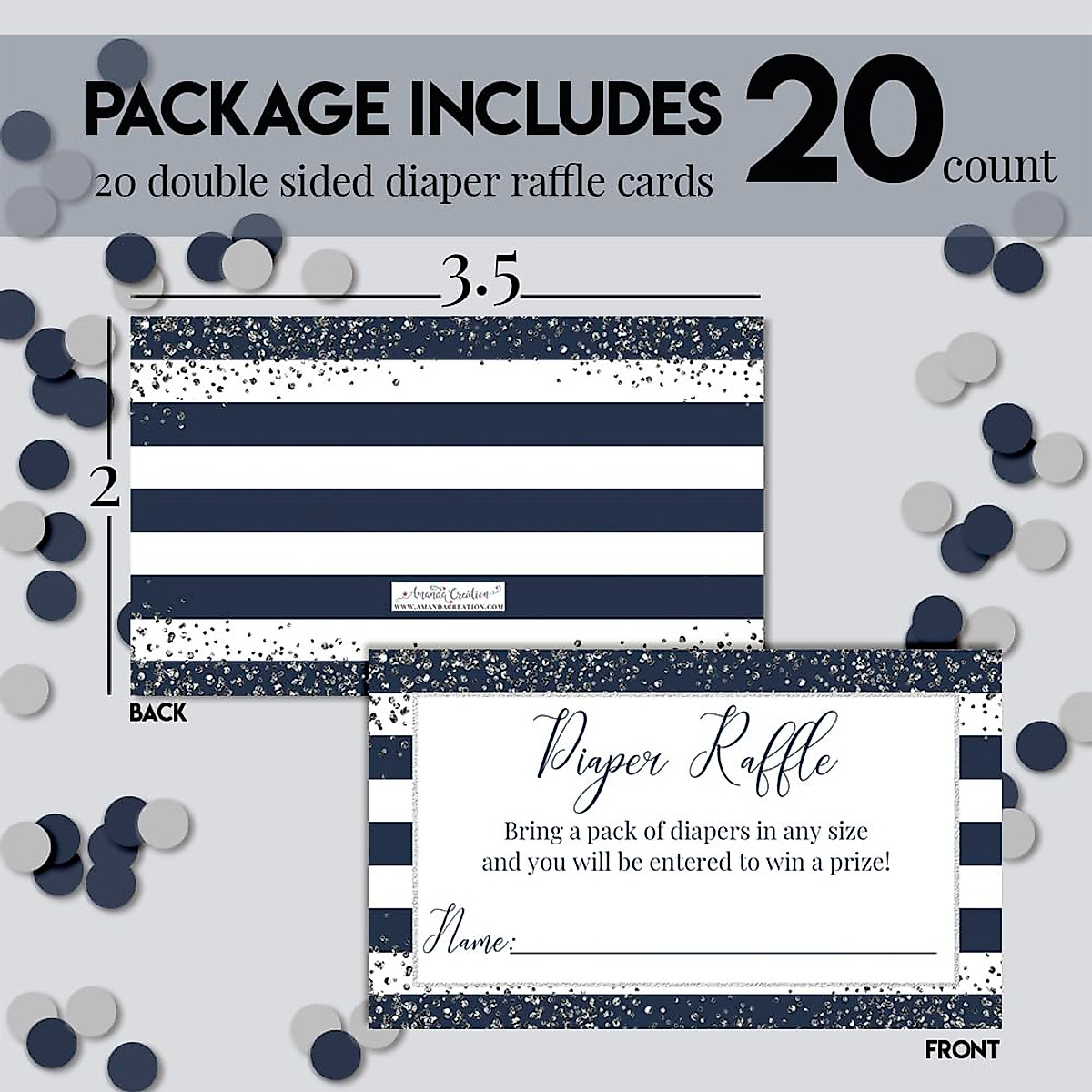 Beautiful Striped Navy & Silver Diaper Raffle Tickets for Boy Baby Showers, 20 2" X 3” Double Sided Insert Cards for Games by AmandaCreation, Bring a Pack of Diapers to Win Favors & Prizes!