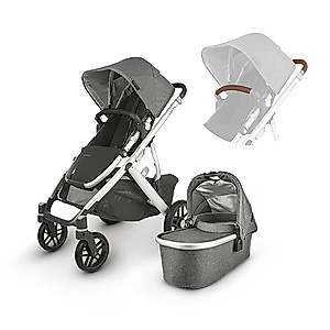 UPPAbaby Vista V2 Stroller - Jordan (Charcoal Melange/Silver/Black Leather) + Leather Handlebar Covers for Vista, V2 - Saddle + Leather Bumper bar Cover for Vista, V2, Cruz, V2 - Saddle