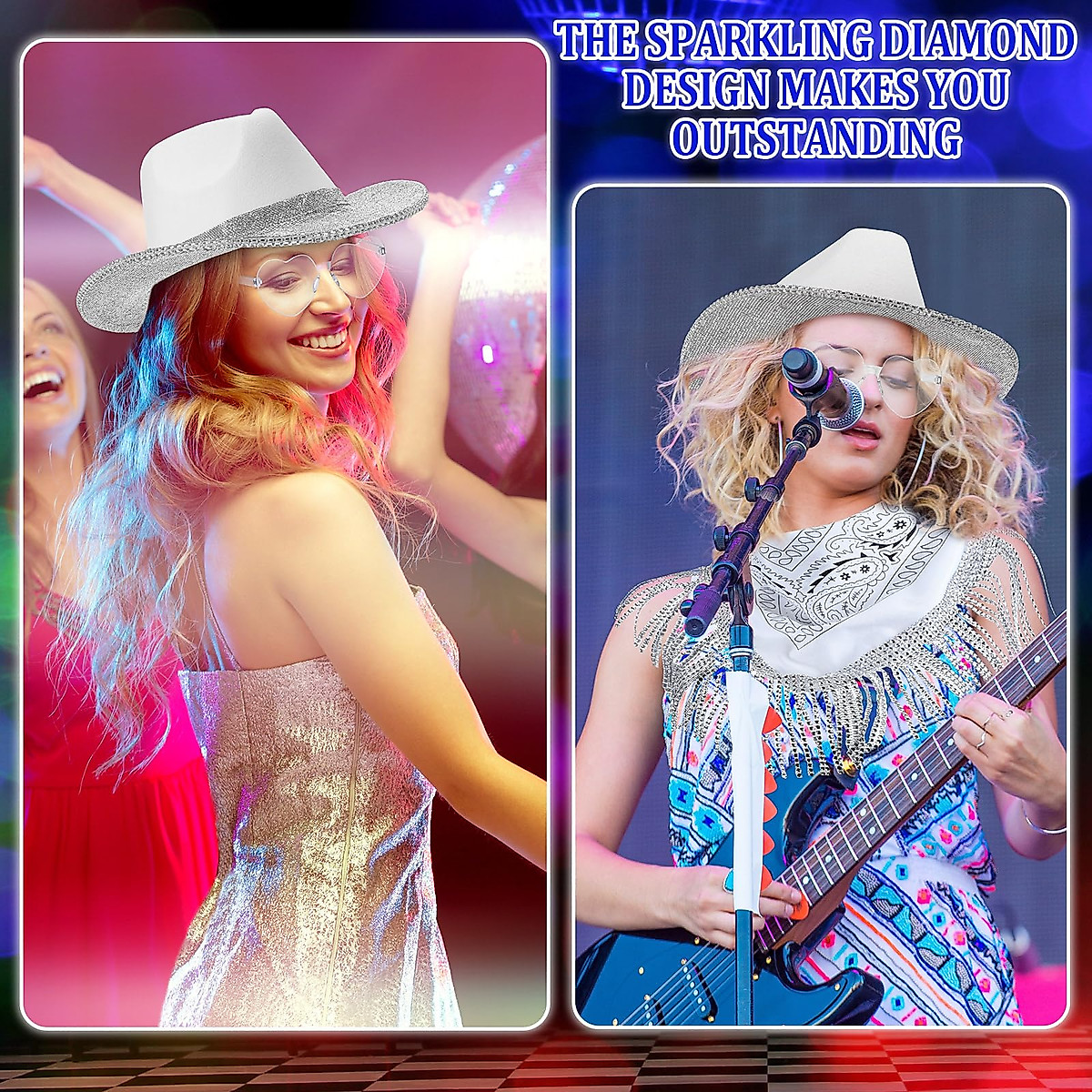 Silicherry Rhinestone Cowboy Hat Glitter Cowgirl Hat with Glasses Headscarf for Men Women Adult Bling Cowboy Costume Cosplay(White, Classic Style)