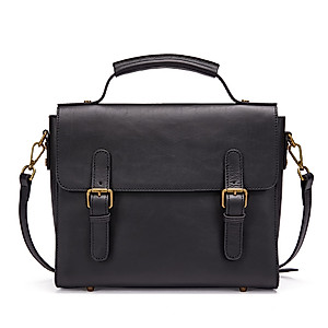 Vintage Leather Messenger Bag For Women Top Handle Shoulder Handbags Fit A4 Paper (Black)