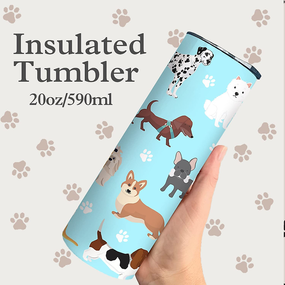 Dog Tumbler with Lid and Straw Dog Paw Print Coffee Animal Travel Mug 20oz Dog Stainless Steel Cup，Dog Lovers Gifts for Women