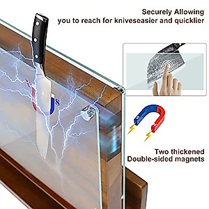 Kitchen Magnetic Knife Block with Acrylic Shield Acacia Wood Double Side Knife Holder Rack Stands with Strong Enhanced Magnets Multifunctional Storage Knife Stand for Kitchen Cutlery Display Organizer