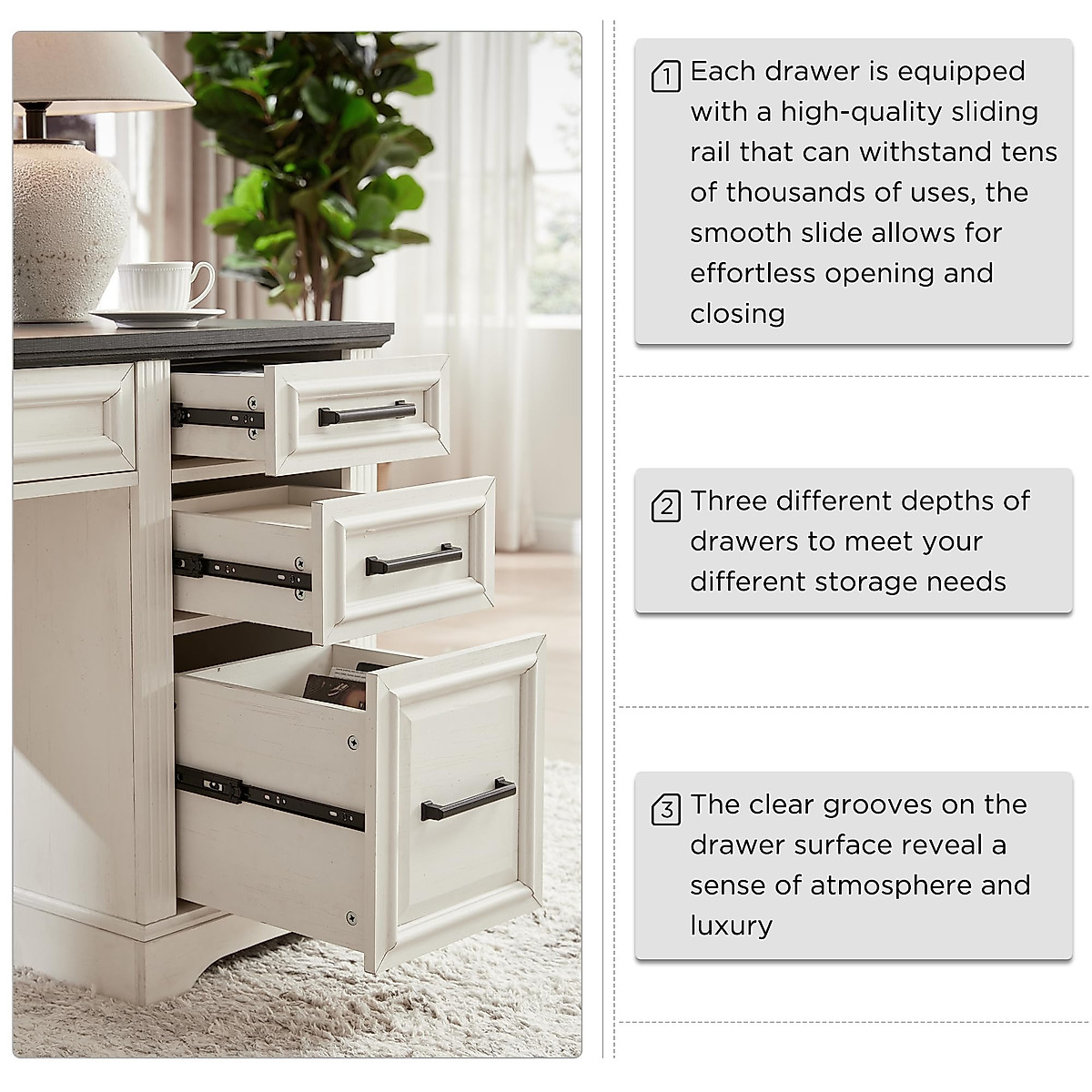 JXQTLINGMU 58" Executive Desk, Farmhouse Computer Desk with Drawers and Cabinet, Embossed Texture Home Office Desk, Workspace for Work Study Writing, Off White