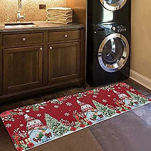 Libaoge Kitchen Mat Rug 1 PCS Christmas Gnome Xmas Tree Flowers Red Background Runner Rug Anti-Fatigue Comfort Memory Foam Standing Mat Non-Slip Floor Door Mat for Bathroom Bedroom 20x63in