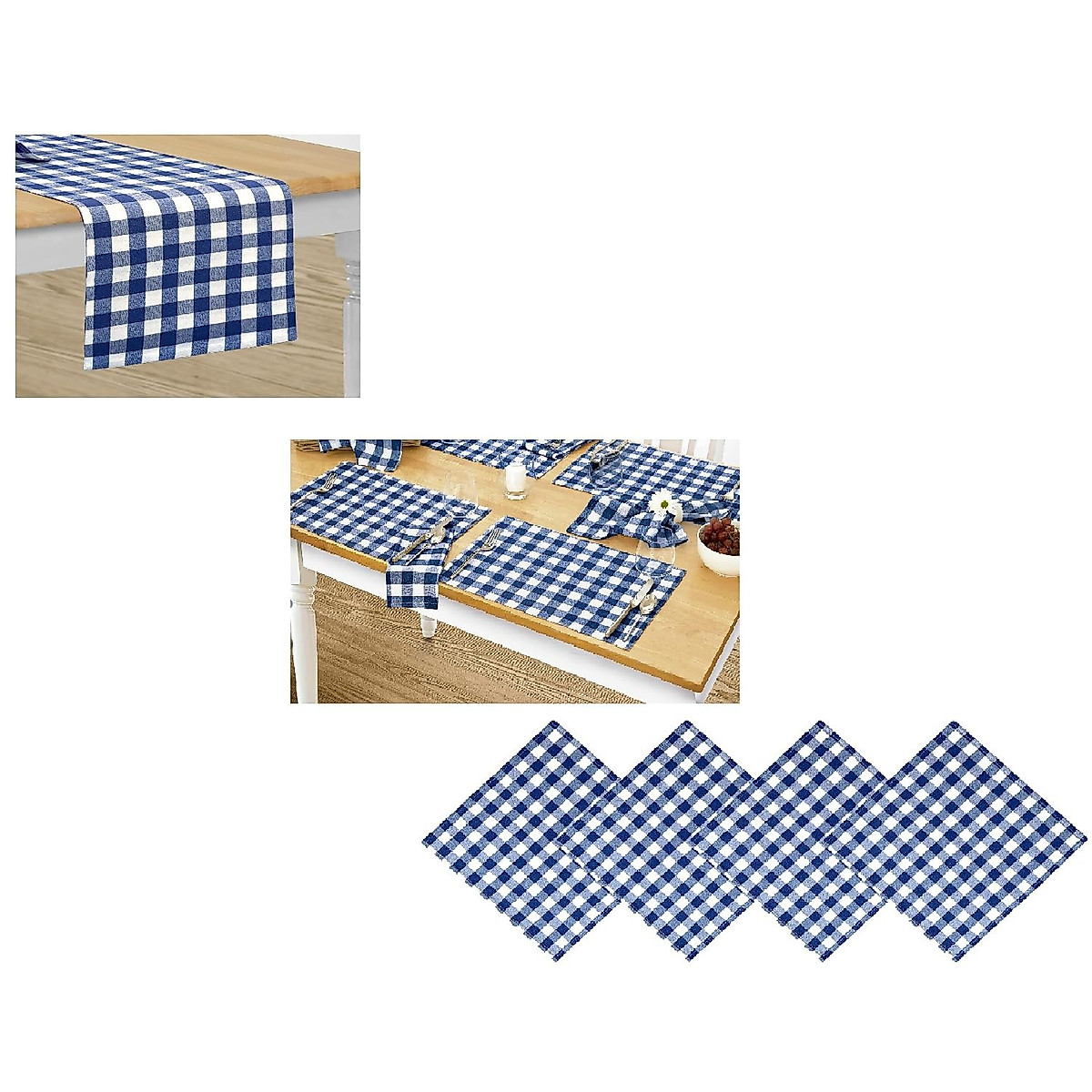 Home Bargains Plus Country Rustic Buffalo Plaid Blue Bundle Including Table Runner, Placemats, and Napkins