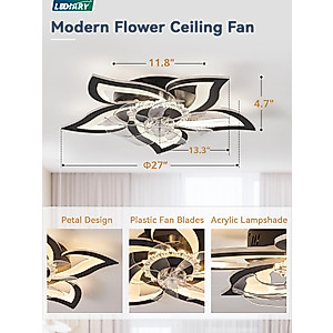 LEDIARY Flower Ceiling Fans with Lights, Small 27 Inch Modern Low Profile Ceiling Fan, Dimmable LED Ceiling Light Fixture, Flush Mount Ceiling Fans with Remote for Bedroom, Kitchen, Indoor-Black
