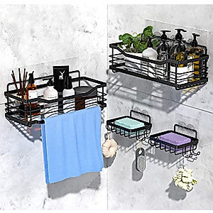 Hesento 4-Pack Shower Caddy, Strong Adhesive Shower Organizer Shelf with 2 Hooks, No Drilling Rustproof SUS304 Stainless Steel Shower Shelves for Bathroom, Toilet, Kitchen (Matte Black)
