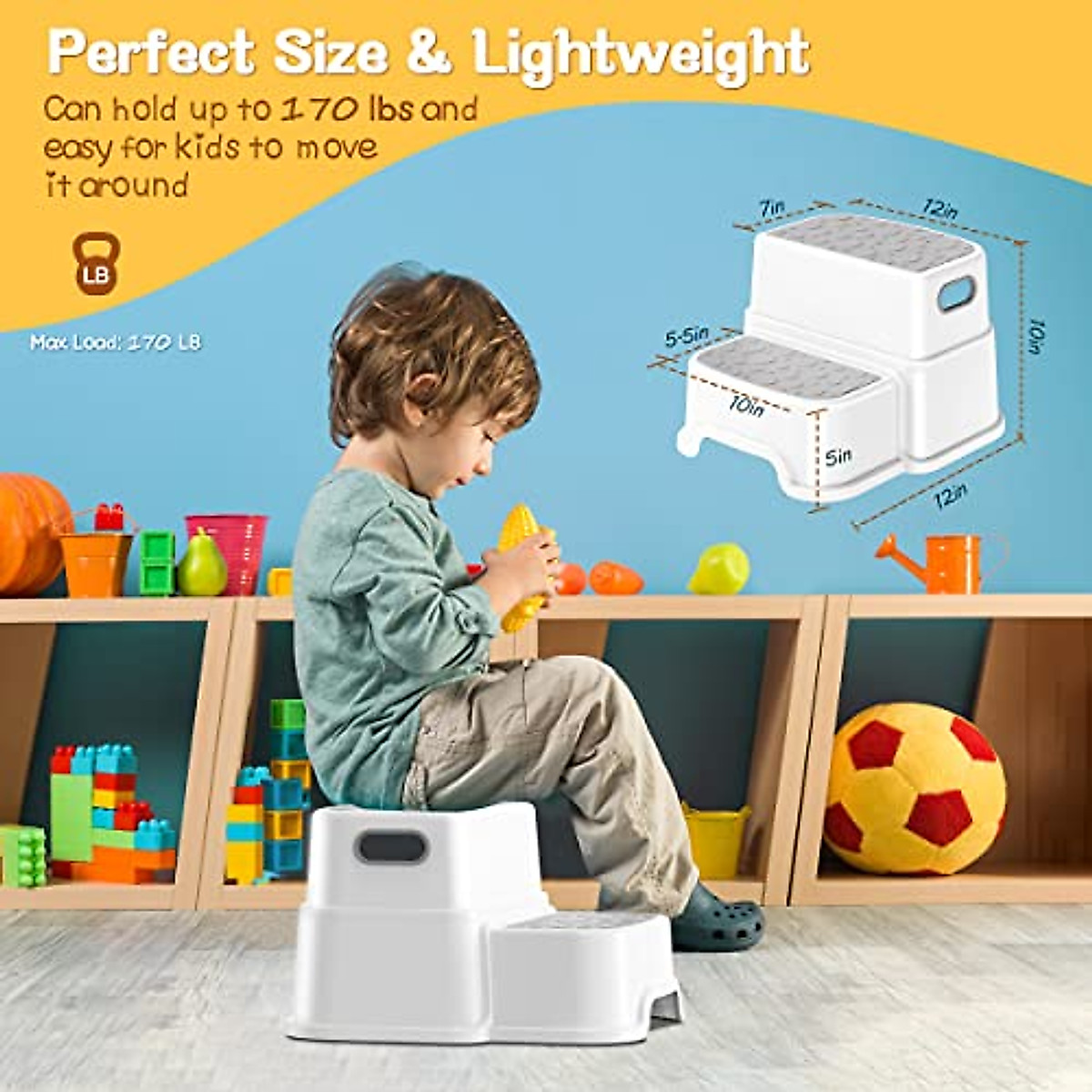 Step Stools for Kids, 2 Step Stool with Anti-Slip Surface and Rubber Bottom, Toddler Step Stool Poop Stool for Toilet Potty Training, Bathroom, Kitchen (Include 2 Ducks) Gray