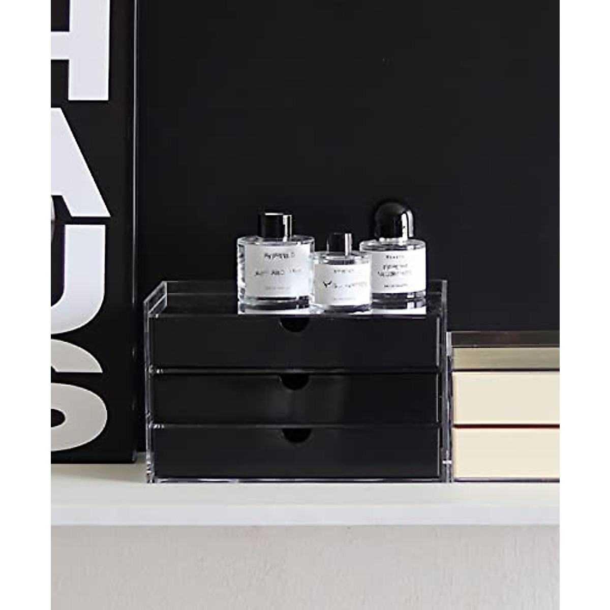 Tabletop Chest, Storage Box, Makeup Box, Tabletop Storage, Small Items, Drawers, Makeup Case, Storage, Skin Care, Acrylic Case, 3 Tiers, Storage Chest (Black)