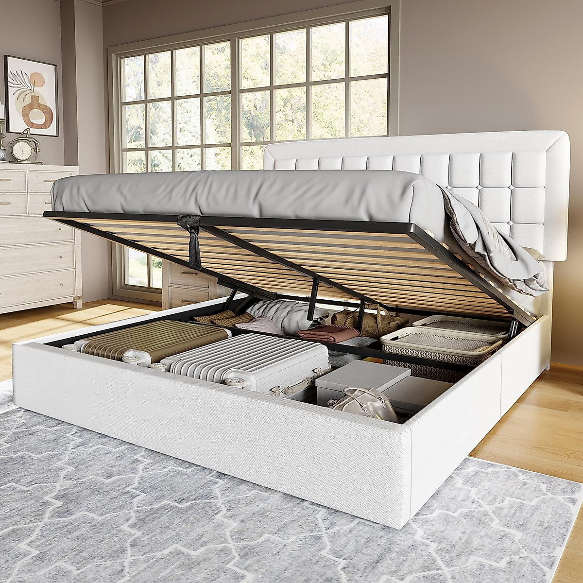 Jocisland Queen Size Bed Frame with Lift Up Under Bed Storage Upholstered Platform Bed with Headboard/No Box Spring Needed/White