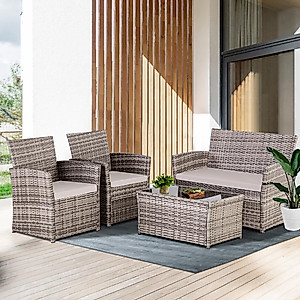 FHFO 4 Piece Outdoor Patio Furniture Sets, Wicker Sectional Conversation Sofa Set, Rattan Table and Chairs and Loveseat with Cushions for Outside Balcony Porch Backyard (Gray-Gray)