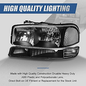 Auto Dynasty 4PCS Factory Style Headlights Assembly and Bumper Lamps Compatible with GMC Sierra Yukon 1500 2500 3500 GMT800 99-07, Driver and Passenger Side, Black Housing Clear Corner