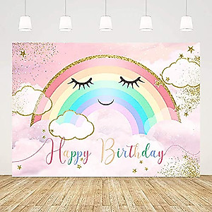MEHOFOND Rainbow Birthday Backdrop Pink and Gold Smile Rainbow Cloud Birthday Party Decorations Supplies for Girl Princess Photography Background Banner Cake Table Photo Shoot Studio Props Vinyl 7x5ft