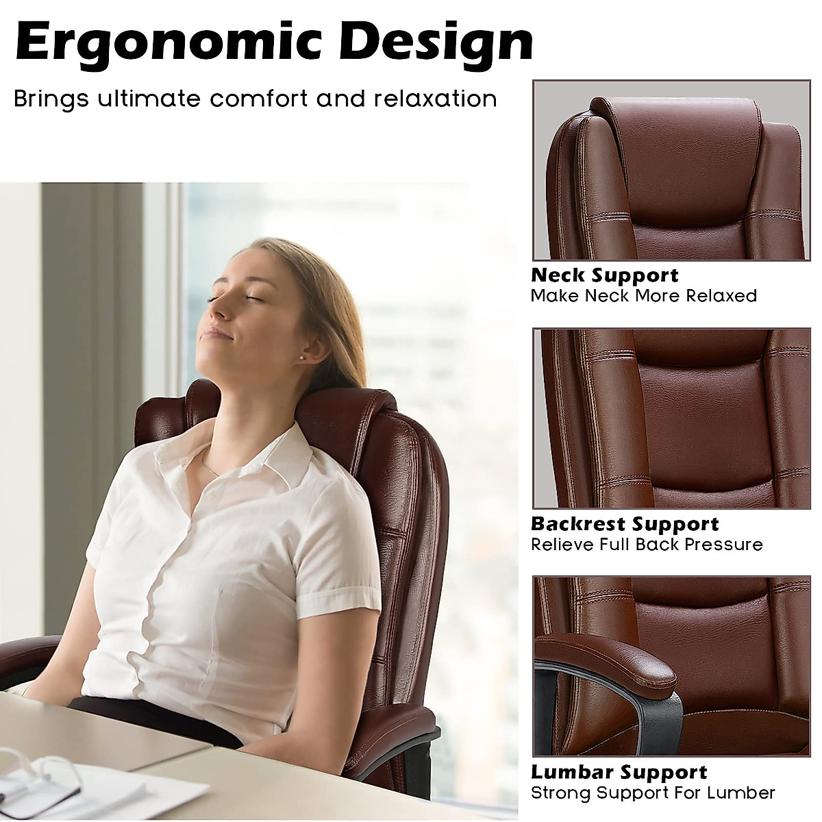PUKAMI Home Office Desk Chair,Managerial Executive Chair,Ergonomic High Back Computer Chair with Cushions Armrest,Height Adjustable Big and Tall PU Leather Chair with Lumbar Support(Brown)