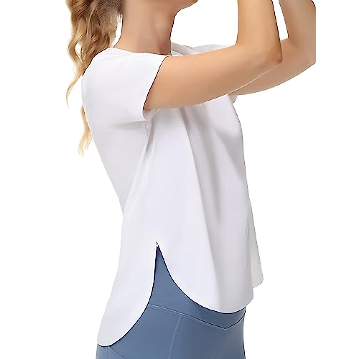 THE GYM PEOPLE Women's Workout T-Shirts Loose Fit Short Sleeve Cotton Running Basic Tee Tops with Split Hem White