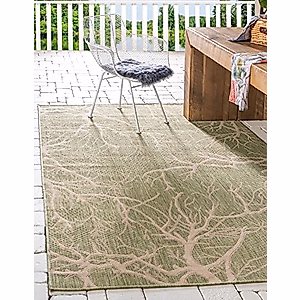 Unique Loom Collection Coastal, Branches, Botanical, Indoor and Outdoor Area Rug, 4 ft x 6 ft, Light Green/Beige