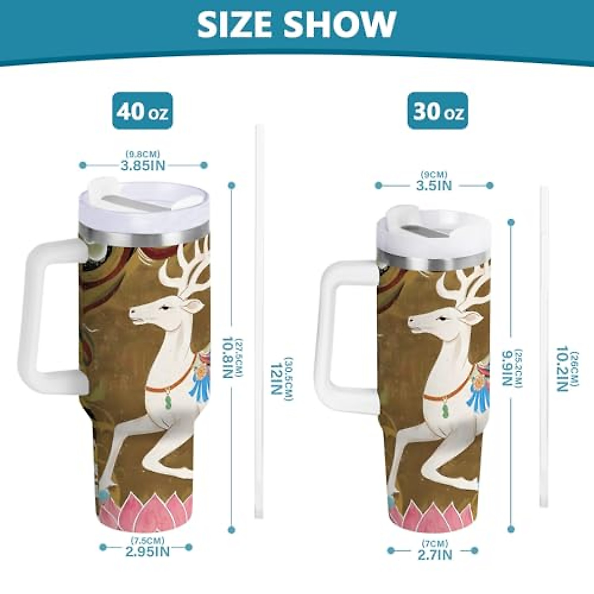 Cold Cup Oriental Deer Floral Clouds XL Insulated Tumbler with Handle Lid Straw 30-40 oz Reusable Cupholder Friendly Water Bottle