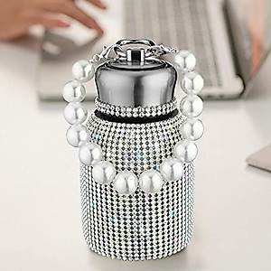 XUDREZ Diamond Thermos Bottle for Womens, Diamond Water Bottle Bling Rhinestone Stainless Steel Vacuum Flask Sparkling Refillable Insulated Thermal Bottle with Pearl Bracelet and Chain (Silver)