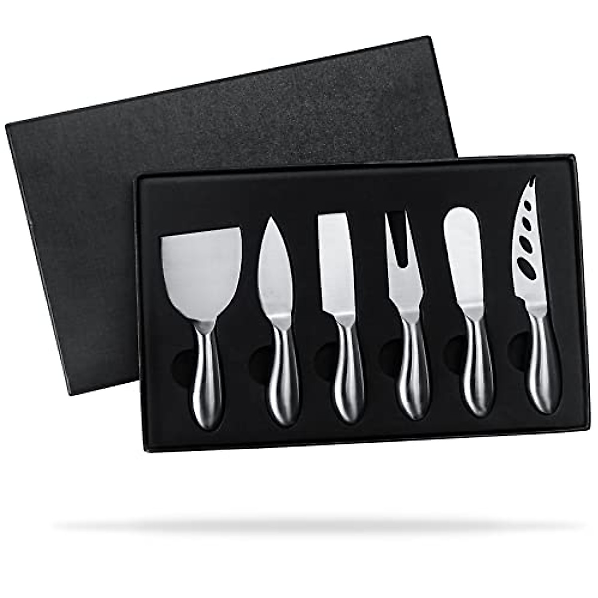 Outamateur 6-Piece Cheese Knives Set,Stainless Steel Cheese Knife Collection of Cheese Slicer/Cutter/Spreader/Fork for Family Parties,Cutlery Gift Set,Charcuterie Boards (6-Piece with SS Handle)