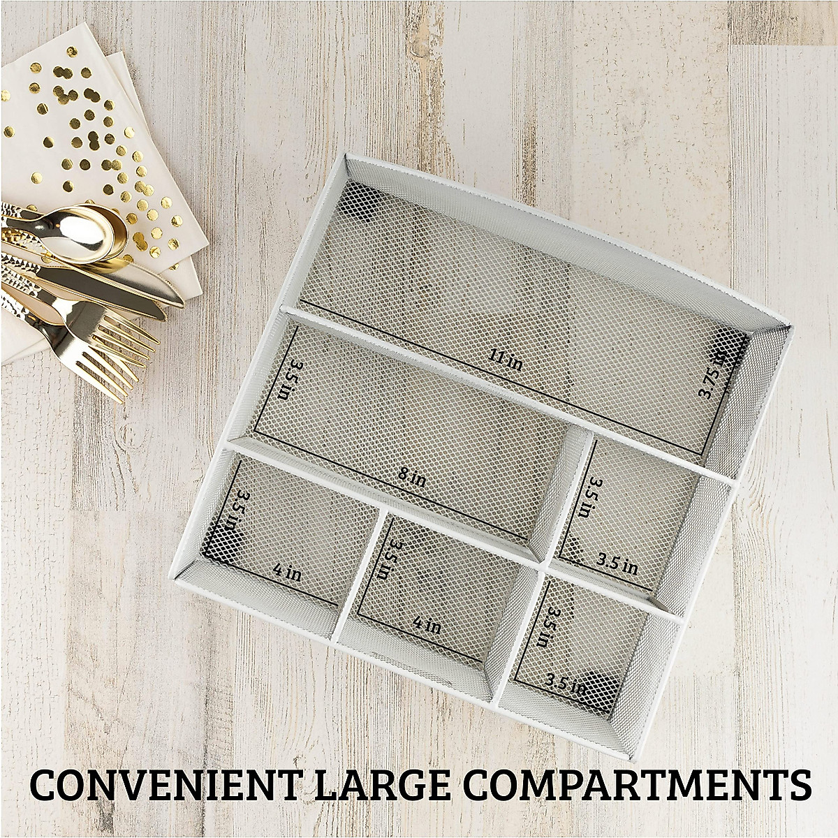 ELTOW Silverware Holder and Paper Plater Organizer for Countertop, 6 Compartment Utensil Caddy for Parties, Home, Office or RV Lifestyle (White)