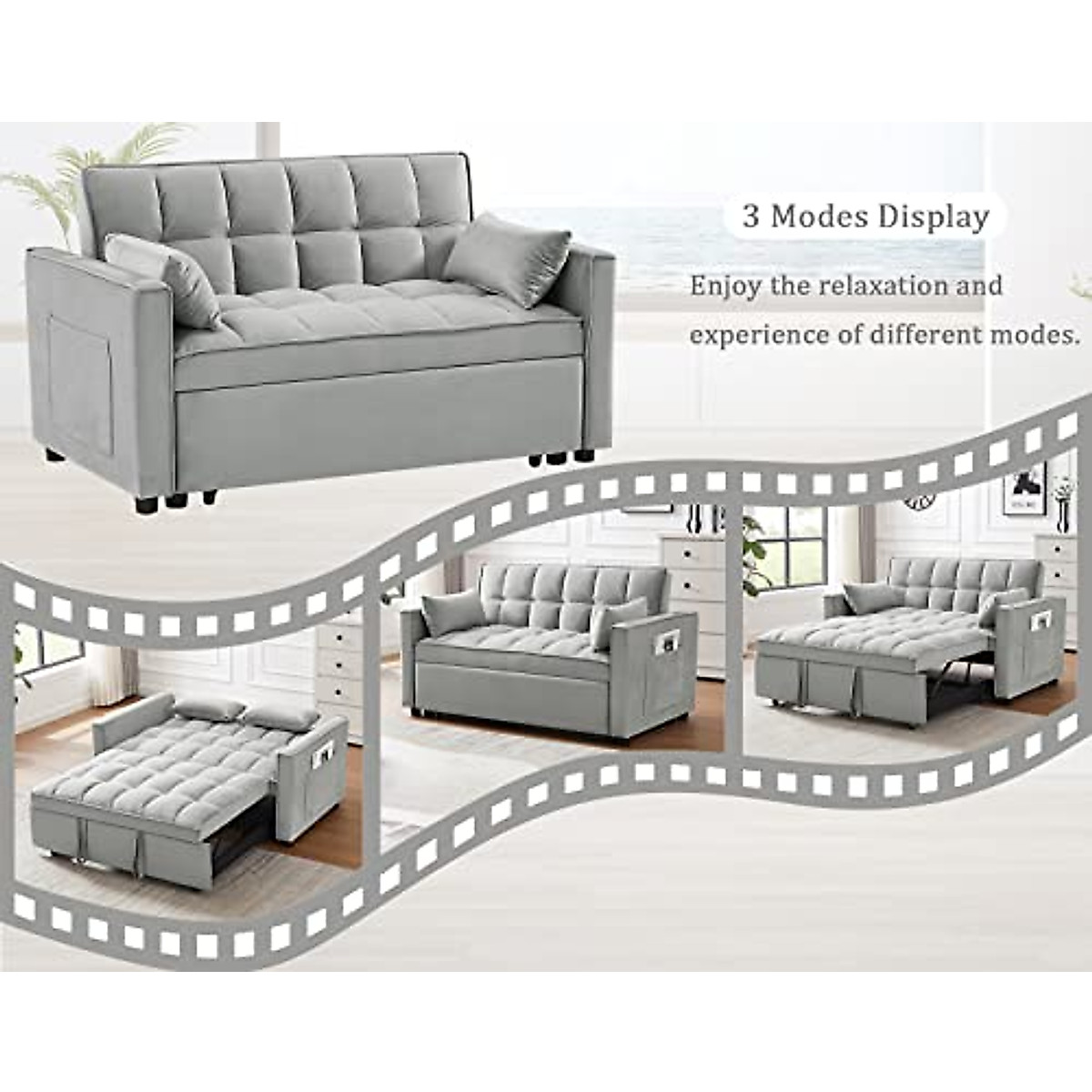 Velvet Pull Out Sleeper Sofa Bed, Convertible Futon Sofa Bed with Reclining Back, Modern Pullout Couch with 2 Pillows and Pockets, Upholstered Small Loveseat for Living Room, Guest Room, Dorm (Grey)