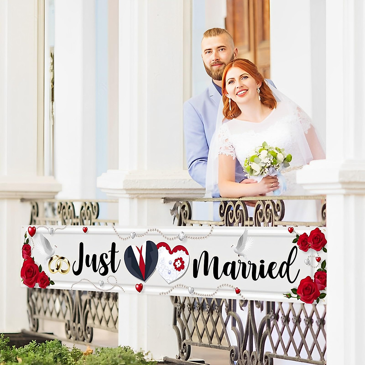 Labakita Large Just Married Banner, Wedding Ceremony Front Yard Banner Sign, Wedding Banner for Outside/Inside, Honeymoon Bridal Shower Wedding Party Decoration Supplies