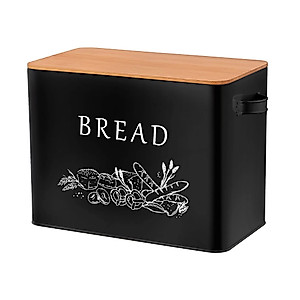 TeamFar Bread Box with Wooden Lid, 13.1” x 7.2” x 9.7” Metal Bread Container Storage Holder for Family Farmhouse Kitchen Countertop, Powder-Coated & Healthy, Large Capacity & Classic Pattern (Black)
