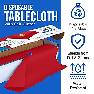 Disposable Table Cover: Durable Plastic Indoor/Outdoor Tablecloth 100' X 52" with Easy to Use Safe Cutter for Patio, Parties, Barbecue & Kitchen Table (Ruby Red)