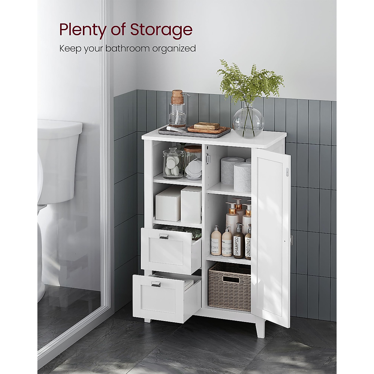 VASAGLE Bathroom Floor Storage Cabinet, Bathroom Cabinet Freestanding, Kitchen Cabinet, with Open Compartment, 2 Drawers, Adjustable Shelves, 11.8 x 21.7 x 31.5 Inches, White UBBC543P31