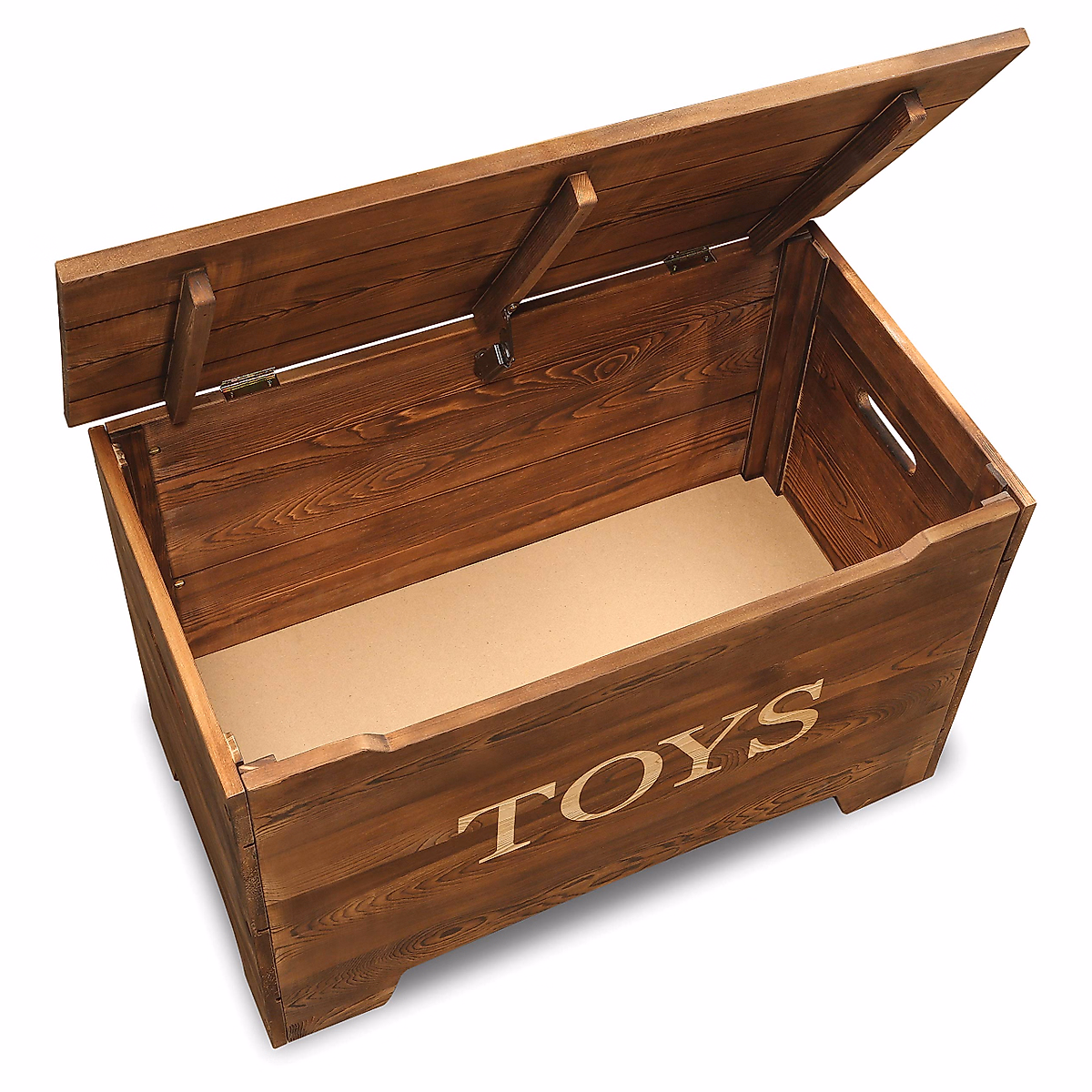 Badger Basket Farmhouse Solid Wood Rustic Toy Box with Reversible "Toys" Panel - Caramel Brown