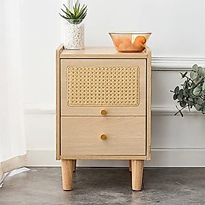 LKTART Rustic Rattan Nightstand 2 Drawer, End Table Side Table Bedside Wooden Storage Living Room Bedroom