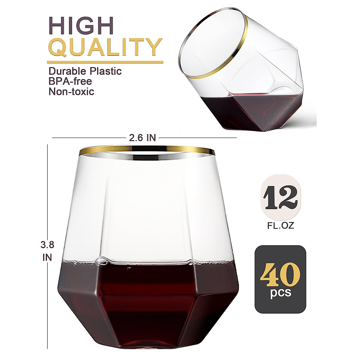 Maaacute 40 Pcak Plastic Stemless Wine cocktail Whiskey Champagne Glasses, 12 Oz Gold Rim Disposable Clear Unbreakable Cups for Party Bars Wedding Tasting (Diamond-shaped)