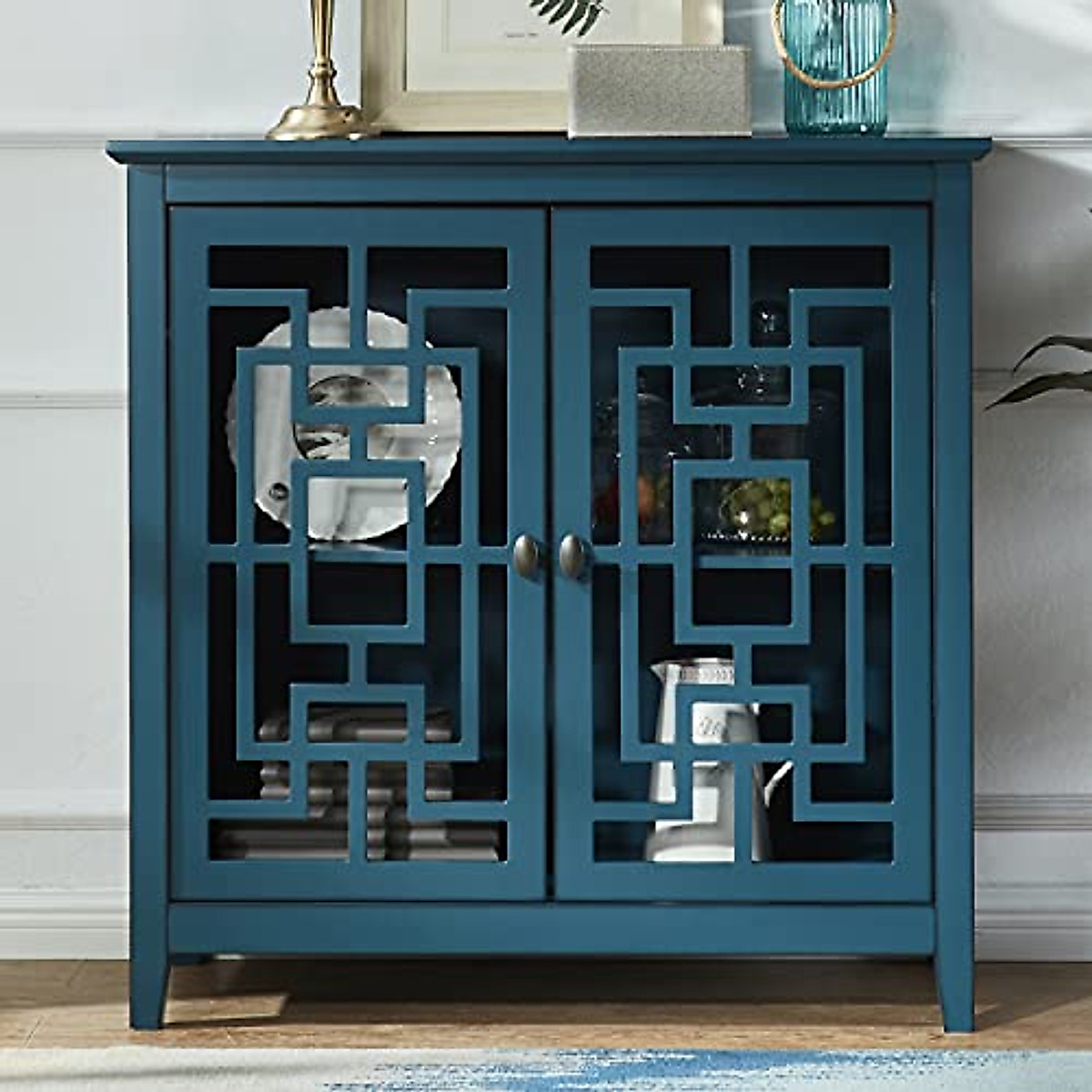 Wood Accent Buffet Sideboard Storage Cabinet with Doors and Adjustable Shelf, Entryway Kitchen Dining Room, Dark Teal