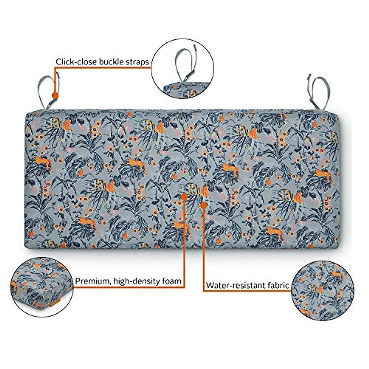 Vera Bradley by Classic Accessories Water-Resistant Patio Bench Cushion, 48 x 18 x 3 Inch, Rain Forest Toile Gray/Gold