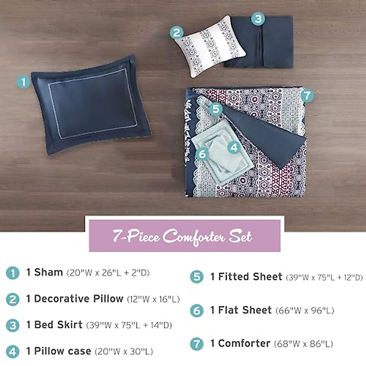 Intelligent Design Complete Bed In A Bag Casual Boho Comforter with Sheet Set Decorative Pillow, All Season Bedding Set, Twin, Loretta Navy 7 Piece