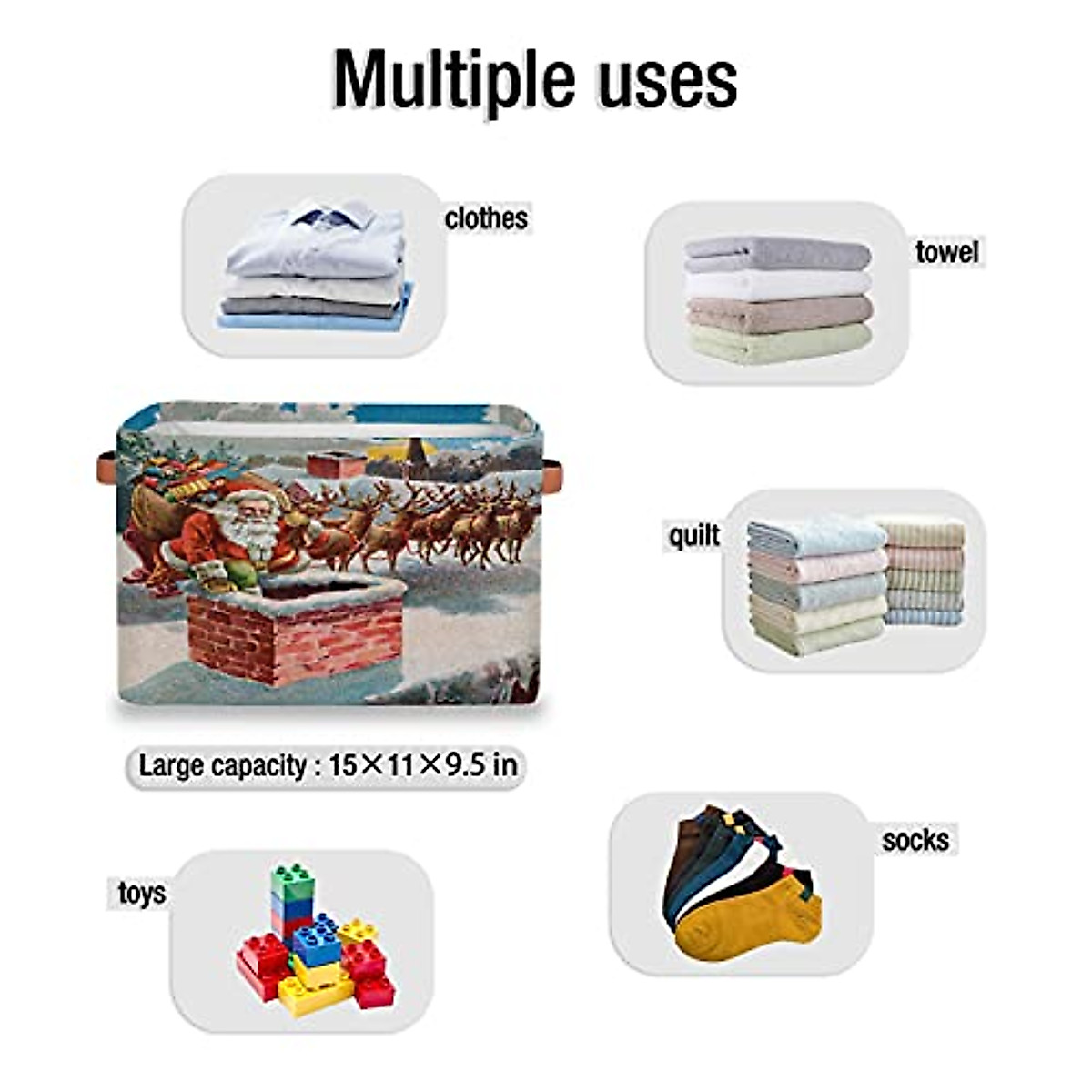 Rectangular Storage Basket Bins Christmas Santa Reindeer Sleigh Toys Books Clothes Canvas Storage Box Cubes Collapsible with Handles for Bedroom Nursery Home Office Decor Organizer Basket