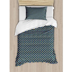 Ambesonne Yellow Submarine Duvet Cover Sets, Repeating Pattern of Underwater Vehicle Pictogram Nautical, Bedding Set with 2 Duvet Covers 4 Pillowcases, 2 Pack Cal King Size, Mustard and Persian Blue