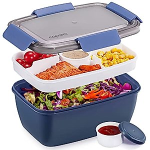 Caperci Large Salad Container Bowl for Lunch - Better Adult Bento Lunch Box 68 oz, 5-Compartment Tray, 2pcs 3-oz Sauce Cups, Stackable, BPA-Free (Navy)
