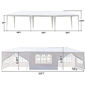 Fujampe 10x30 Party Tent Waterproof Outdoor Canopy Tent White Wedding Tents for Parties BBQ Patio Gazebo Shelter Canopy Events Tent with 5 Sidewalls (10' x 30' with 5 Side Walls)