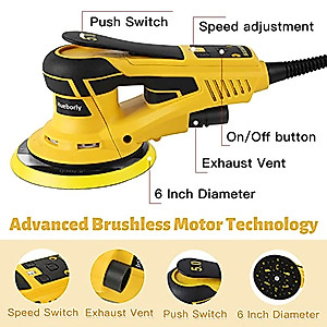 Wood Sander，Electric Random Orbital Sander，Brushless Motor 6"" Disc Size 350W 10000 RPM Polisher Sanding Variable Speed Tool for Woodworking, Polishing, Carpentry